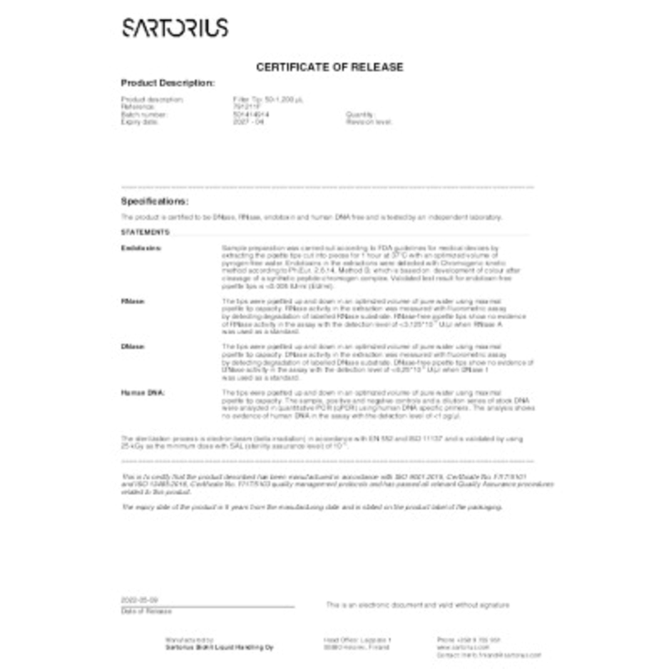 Pipette Tips Purity Certificates | Sartorius