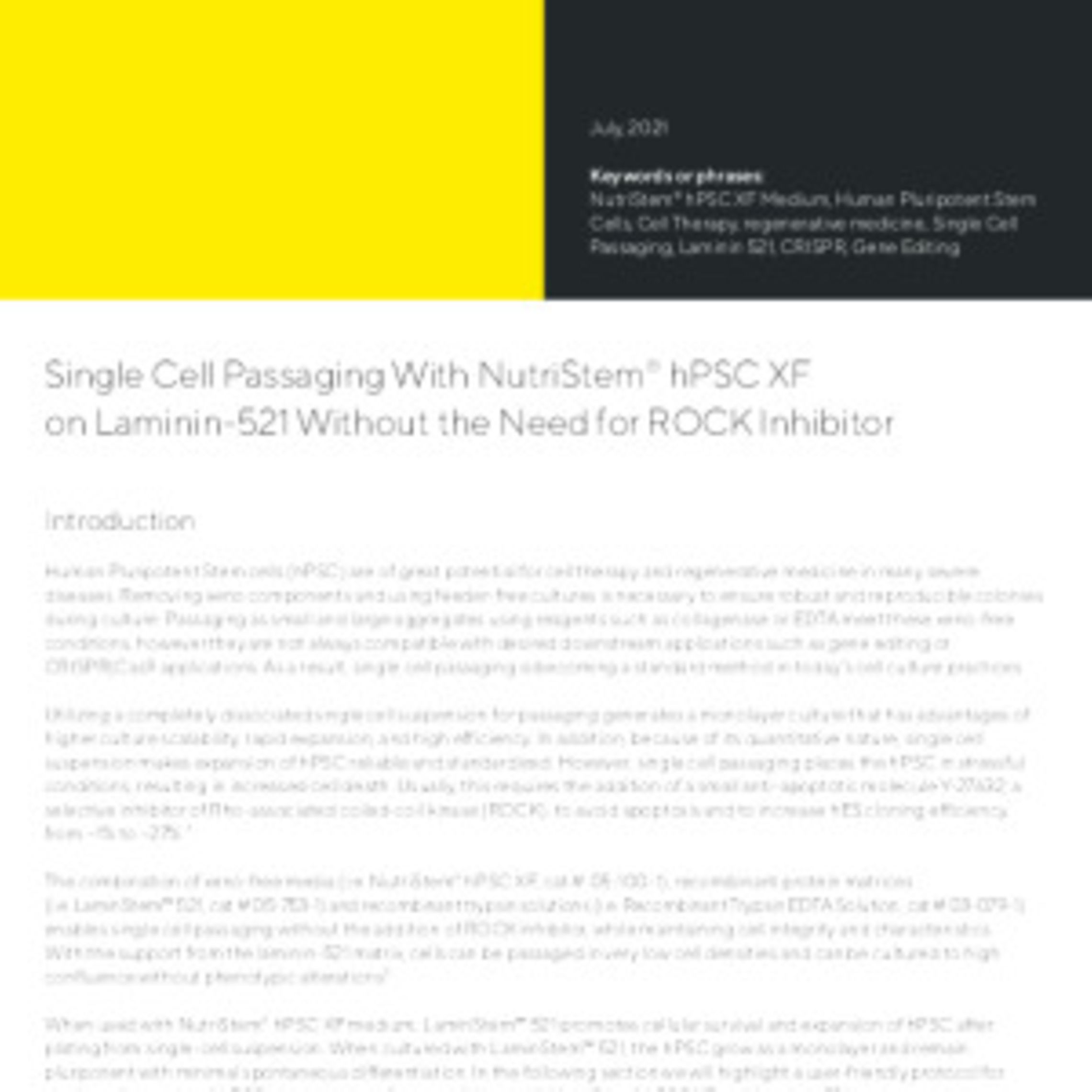Single Cell Passaging With NutriStem® hPSC XF on Laminin-521 Without ...
