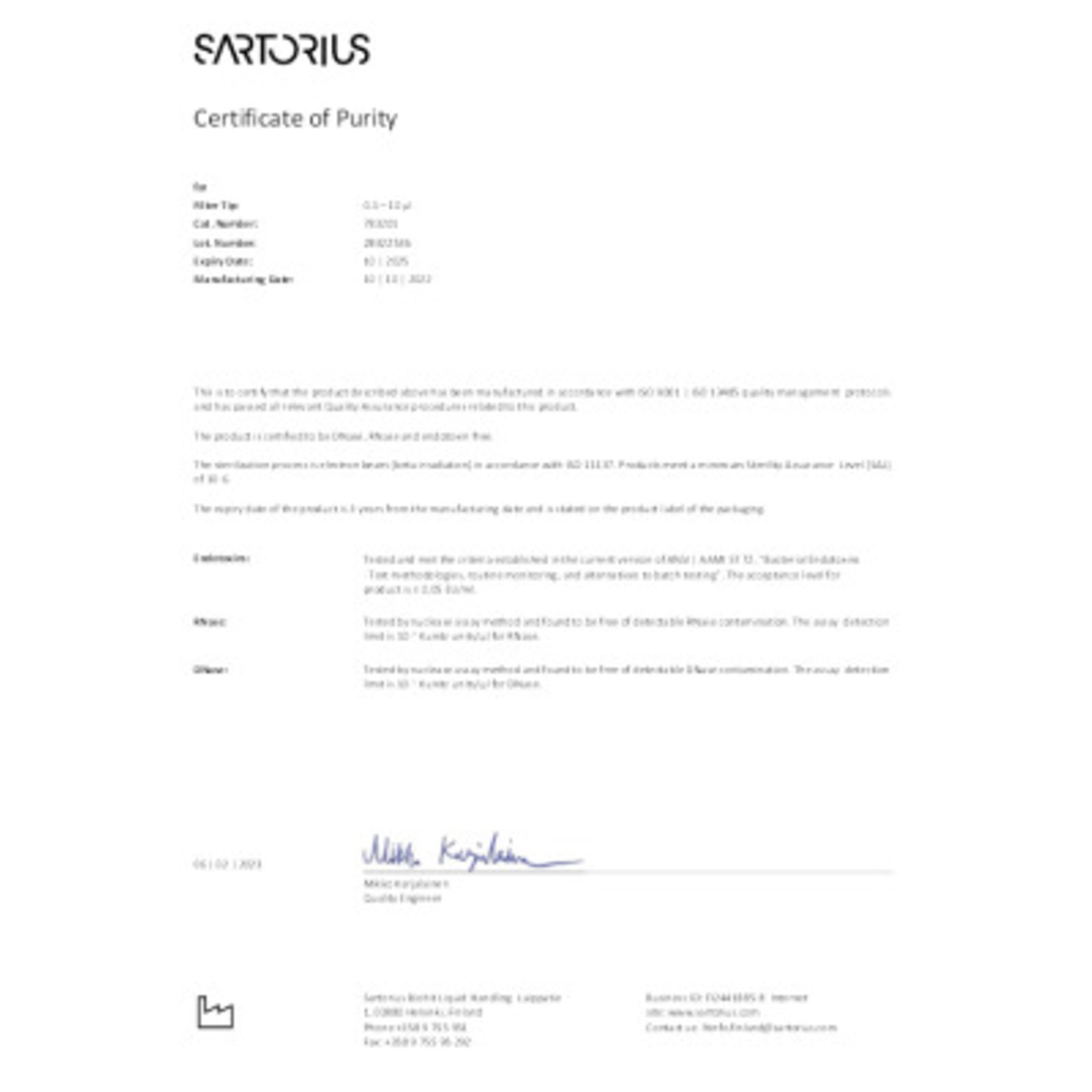 Pipette Tips Purity Certificates | Sartorius