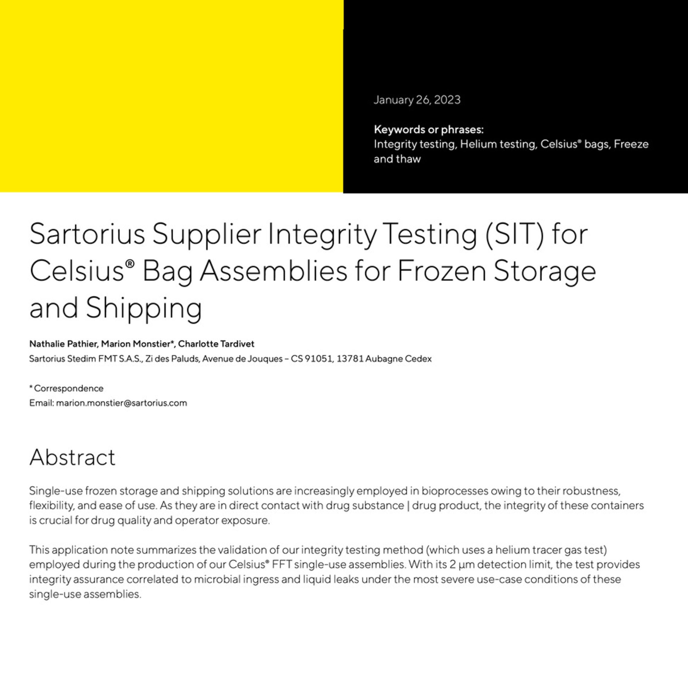 Supplier Integrity Testing (SIT) for Celsius®️ Bag Assemblies