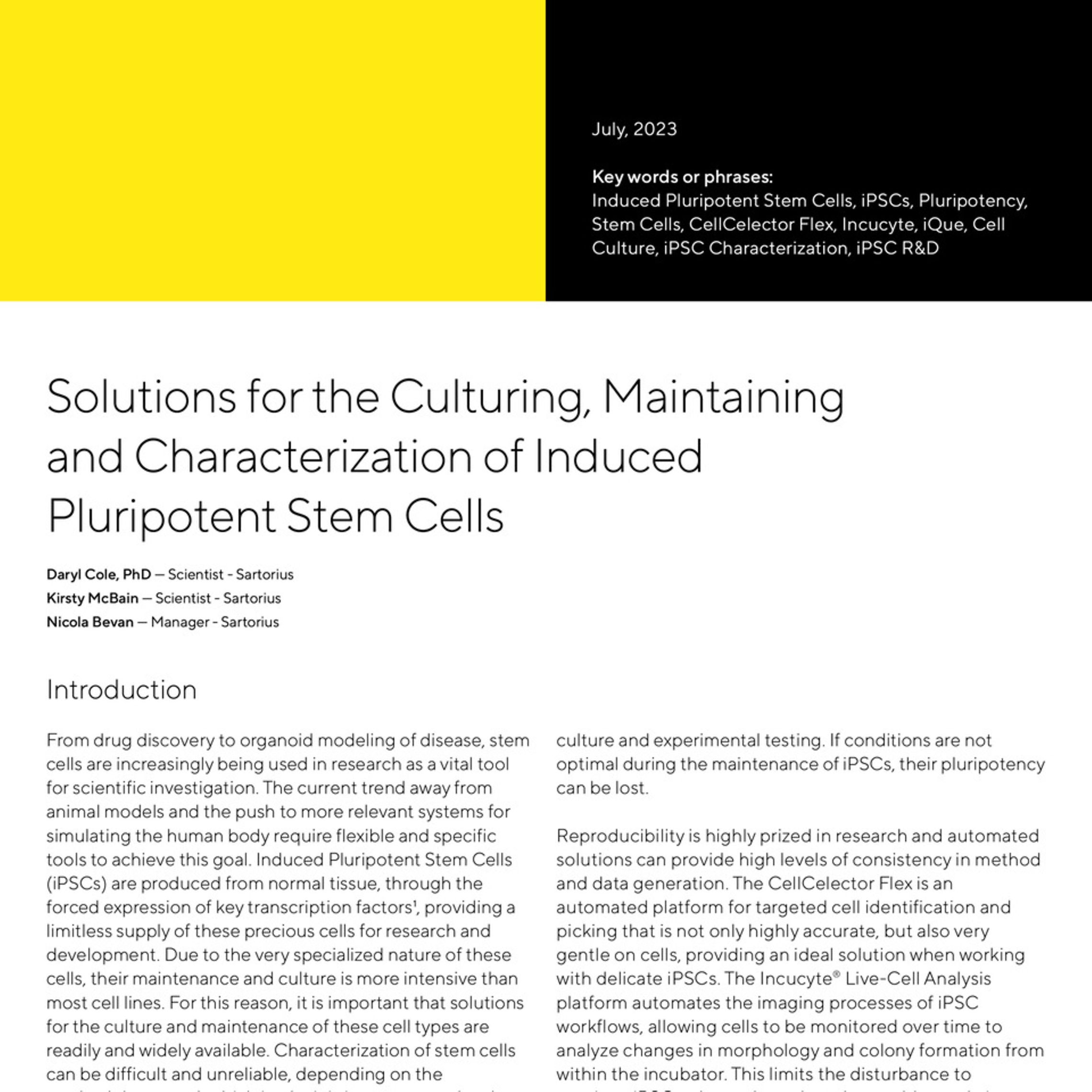 Solutions for the Culturing, Maintaining and Characterization of iPSCs ...