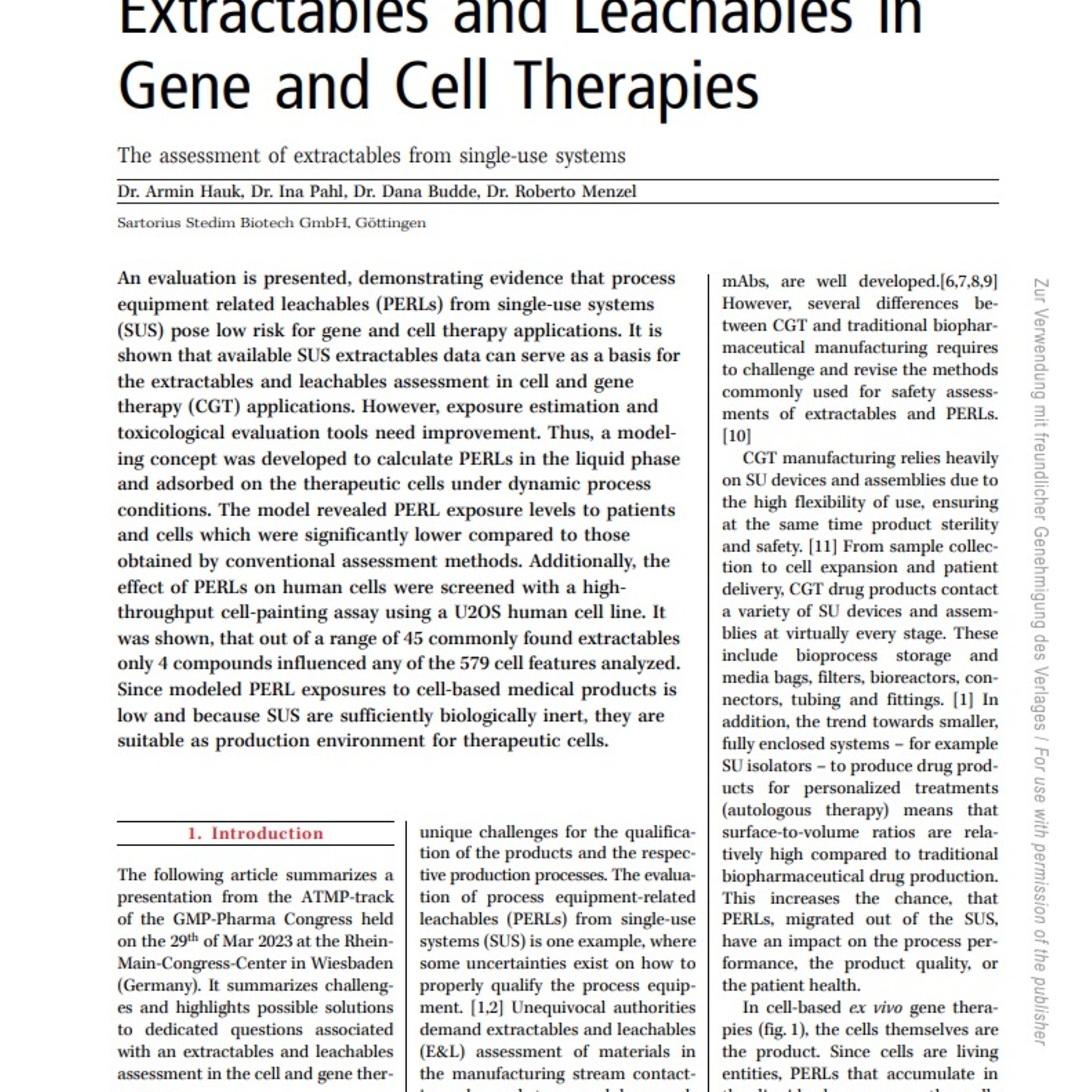 Extractables and Leachables in Gene and Cell Therapies