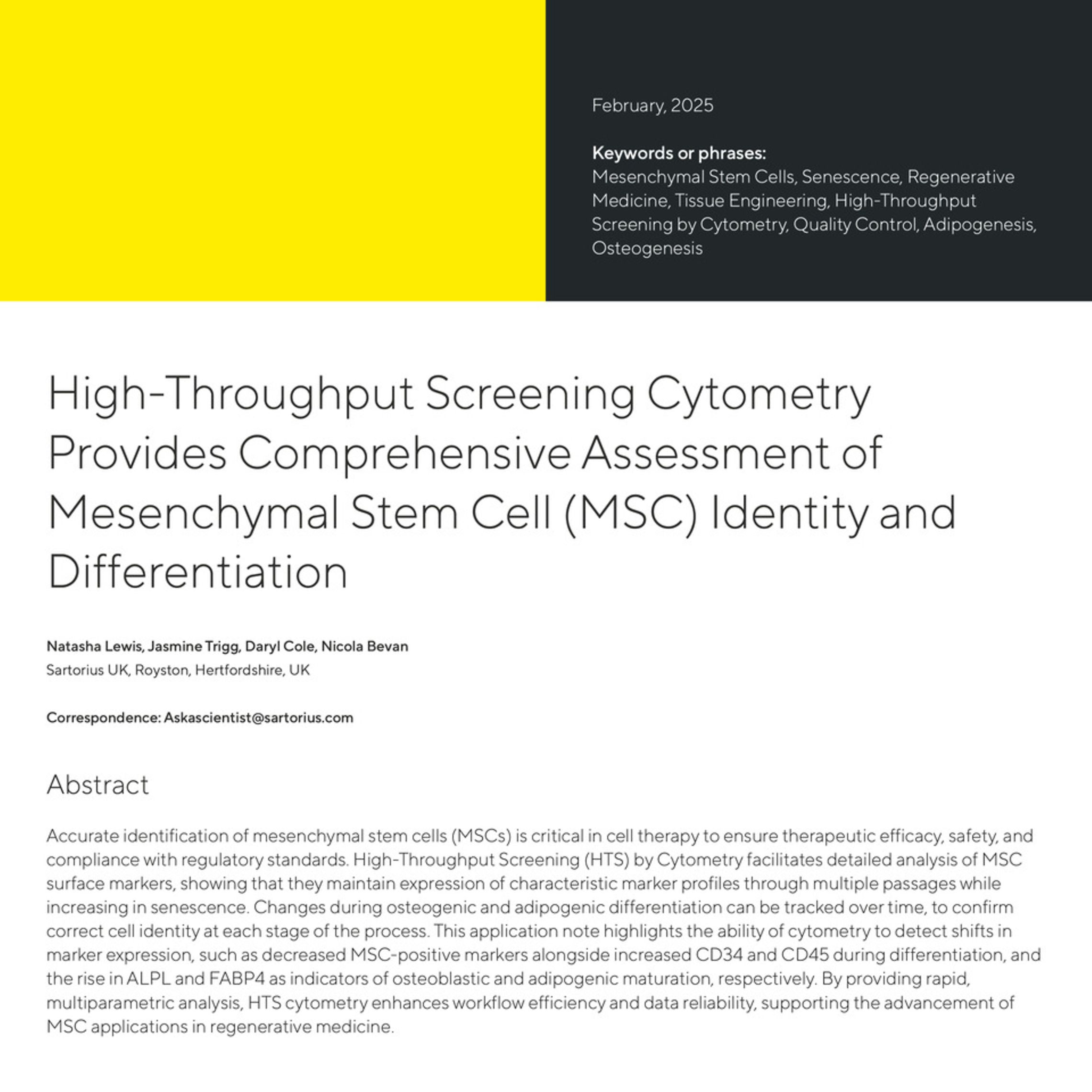 Application Note: High-Throughput Screening Cytometry Mesenchymal Stem Cell (MSC) Identity and ...