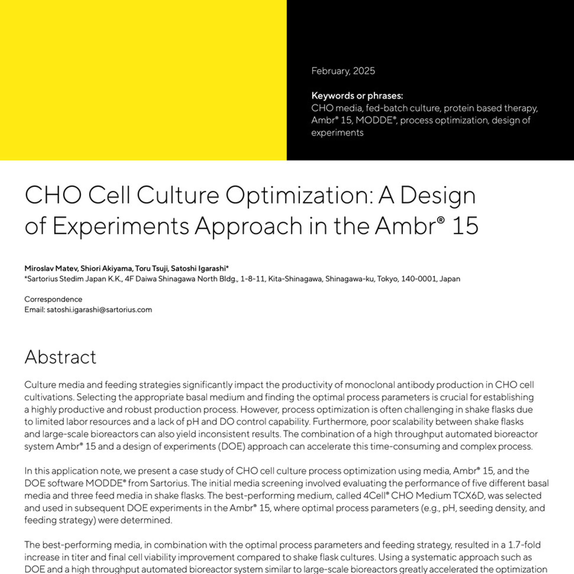 CHO Cell Culture Optimization: A Design of Experiments Approach in the Ambr® 15