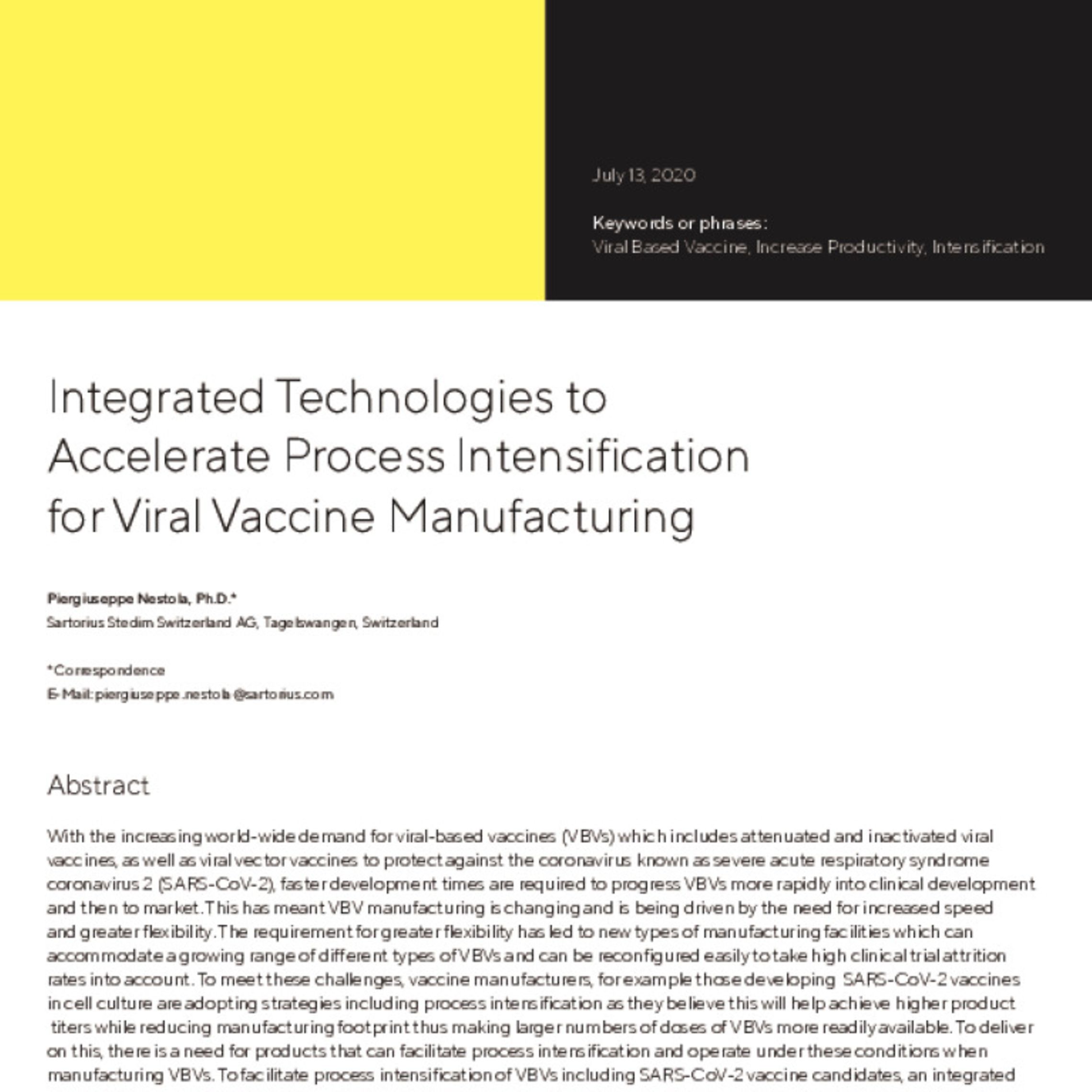 加速病毒疫苗生产过程强化的集成技术