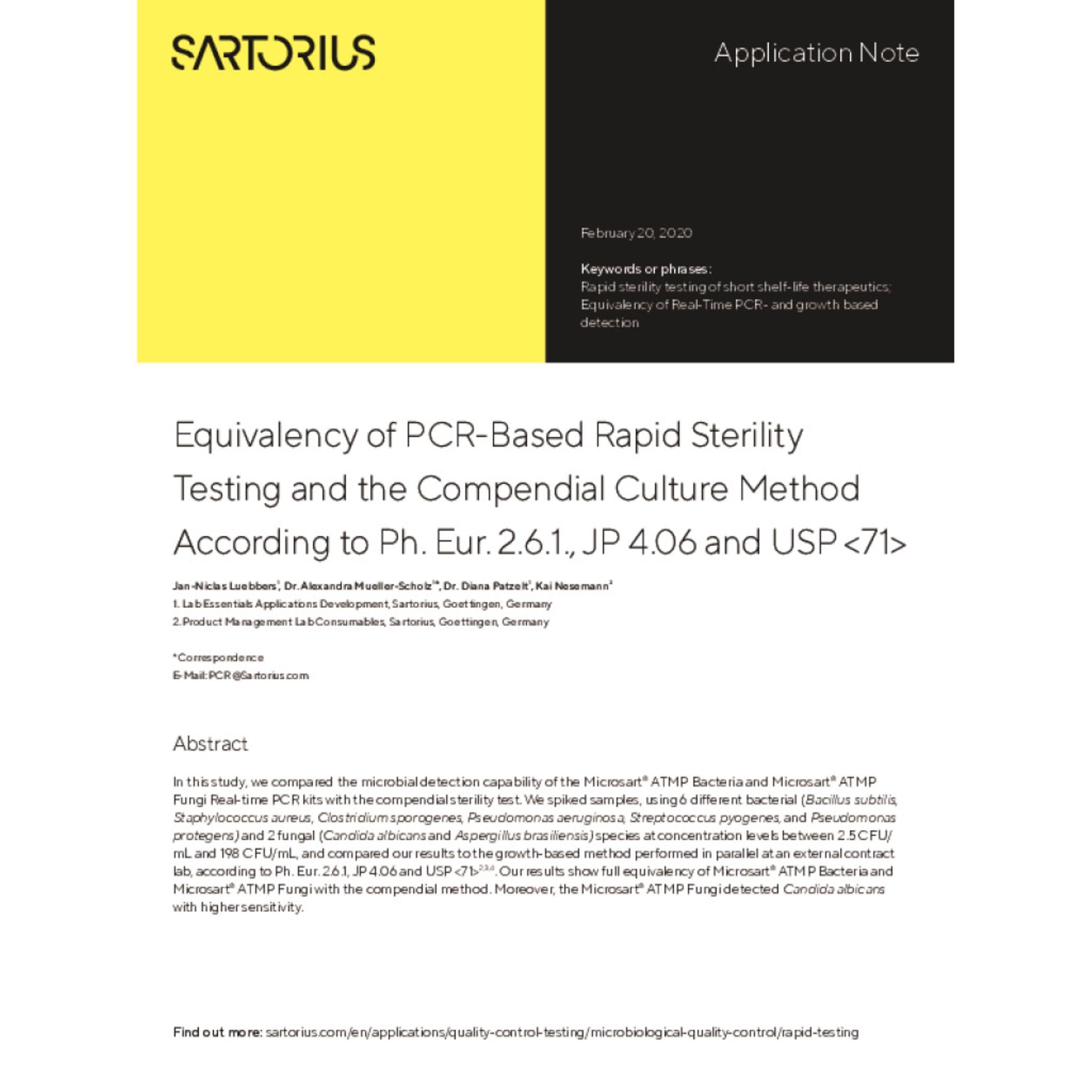 Equivalency of PCR-Based Rapid Sterility Testing and the Compendial ...