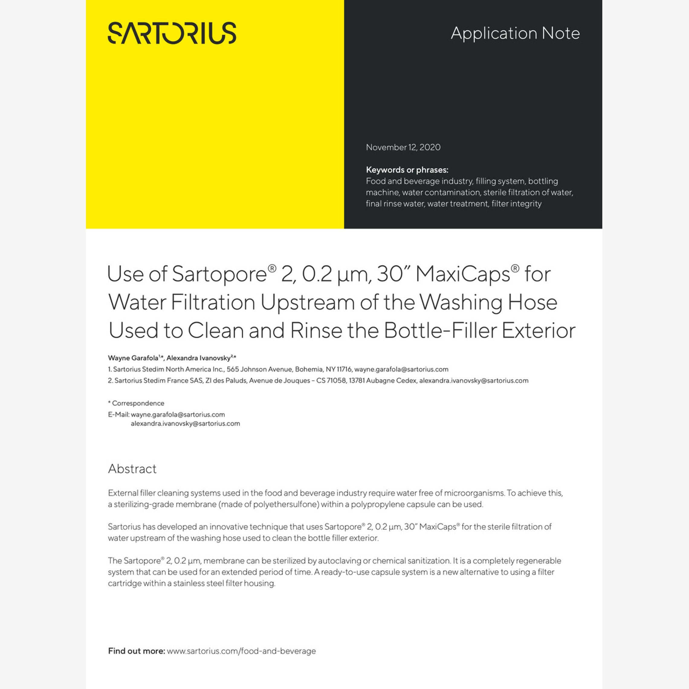 Use of Sartopore®2, 0.2μm, 30" MaxiCaps® for Water Filtration Upstream ...