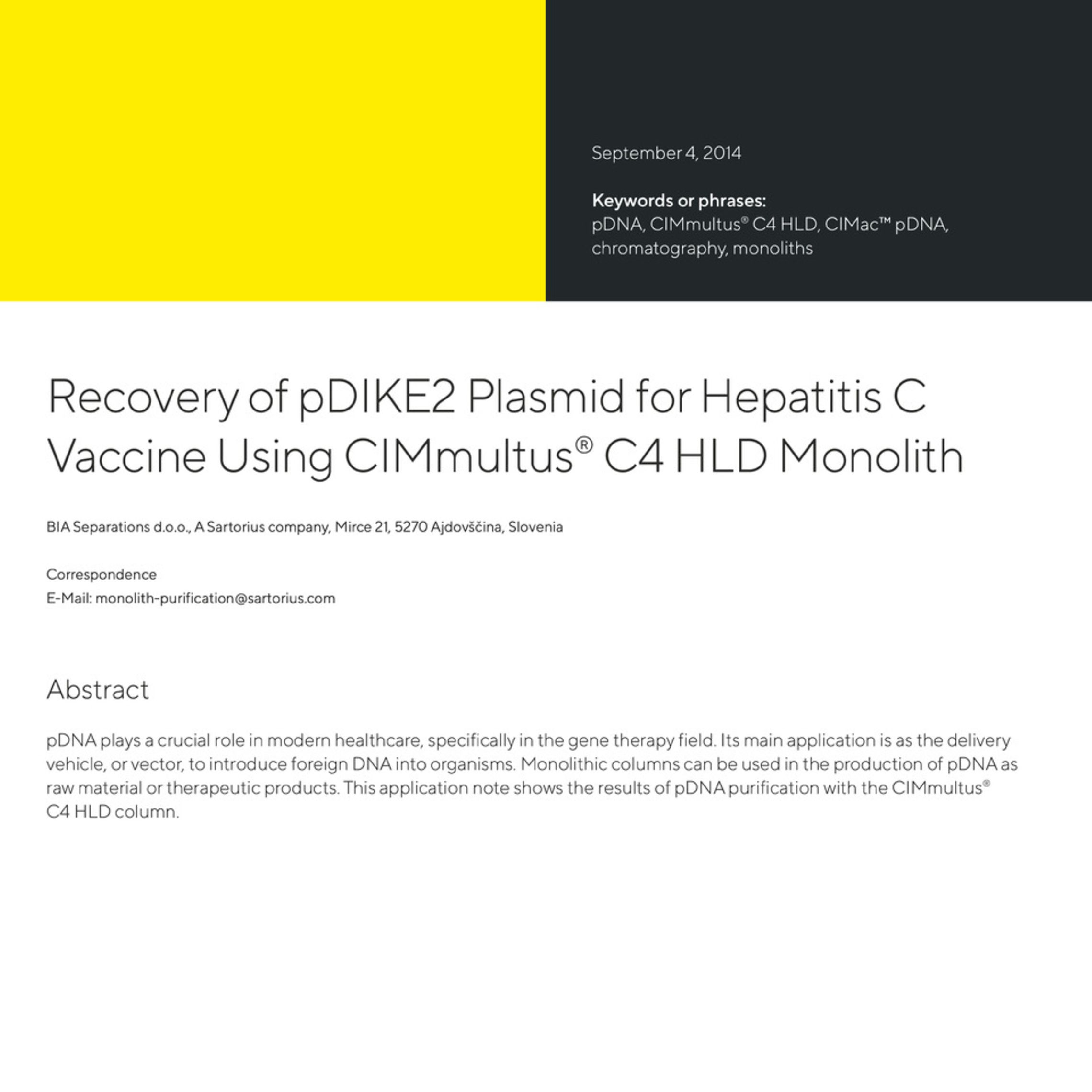 Recovery of pDIKE2 Plasmid for Hepatitis C Vaccine Using CIMmultus® C4 ...