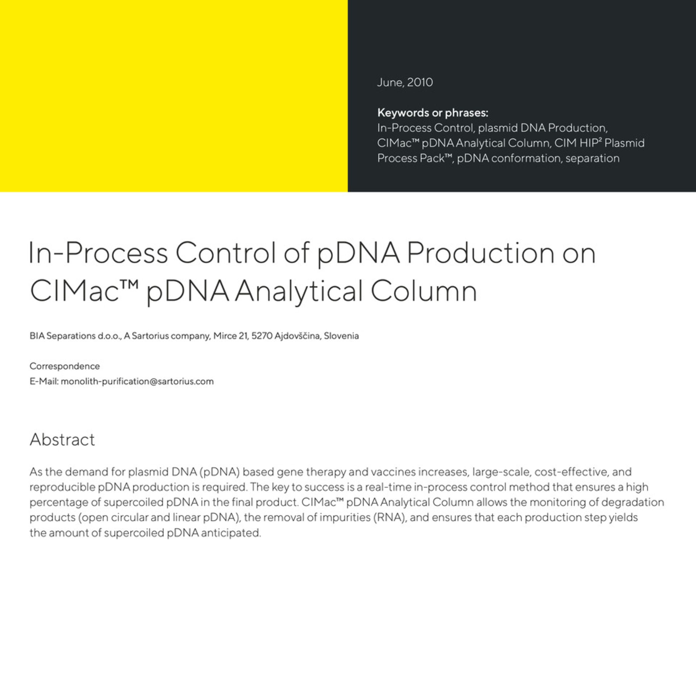 In-Process Control of pDNA Production on CIMac™ pDNA Analytical Column