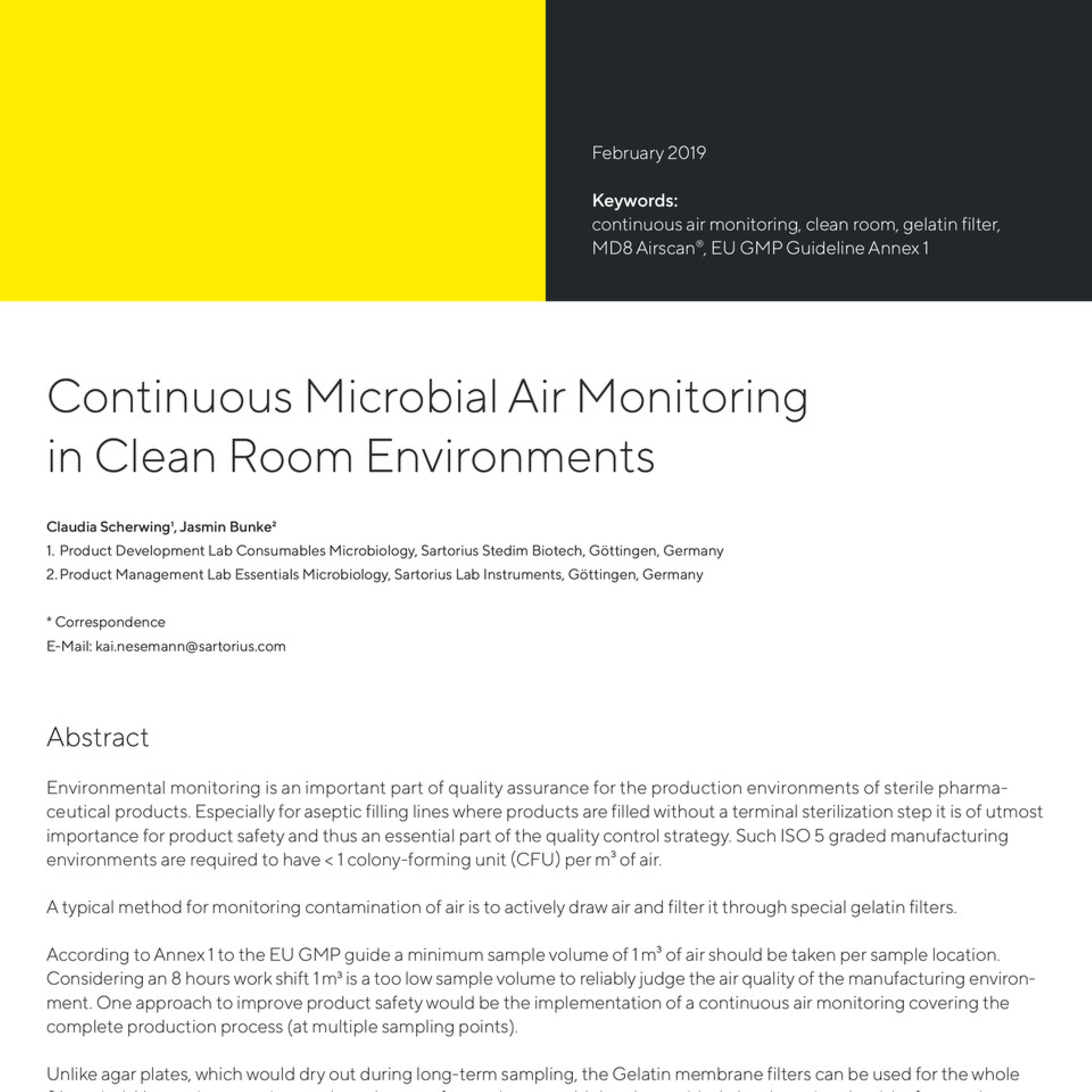 Continuous Microbial Air Monitoring in Clean Room Environments Thank You