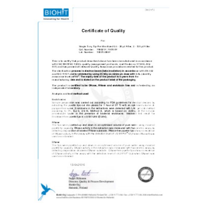 Pipette Tips Purity Certificates | Sartorius